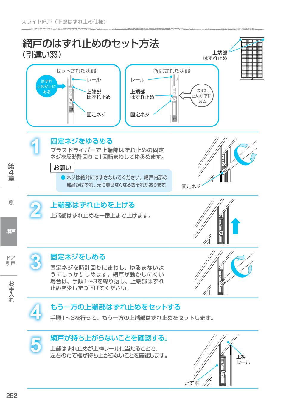 使い方・お手入れガイド｜スライド網戸（下部外れ止め仕様）ID199｜お手入れ・調整方法 - YKK AP株式会社