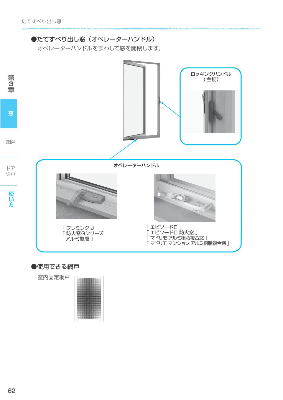 使い方・お手入れガイド｜たてすべり出し窓（オペレーターハンドル仕様）(ID206)｜使い方 - YKK AP株式会社