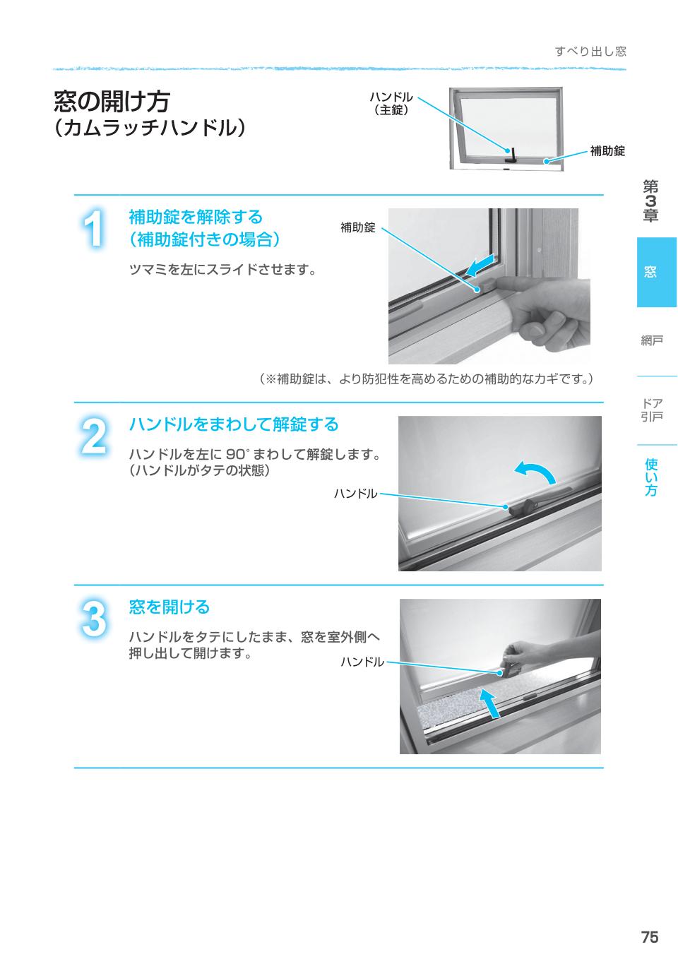 使い方・お手入れガイド｜すべり出し窓（カムラッチハンドル仕様）ID:34｜使い方 - YKK AP株式会社